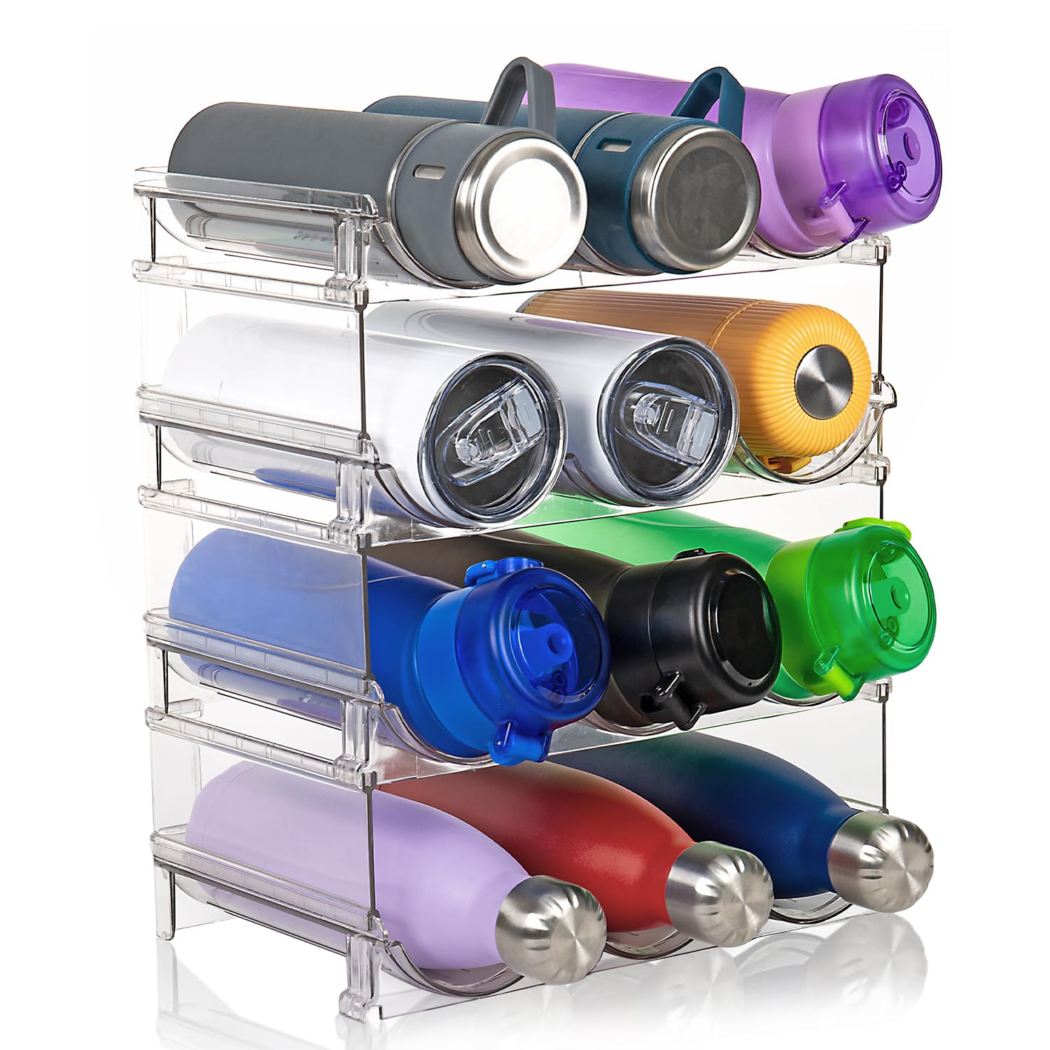 Shelfora 4-Tier Stackable Water Bottle Organizer for Cabinet – Clear Holder for Tumblers, Cups, Travel Mugs, Wine Bottles – Home Kitchen and Refrigerator Storage – Holds 12 Bottles