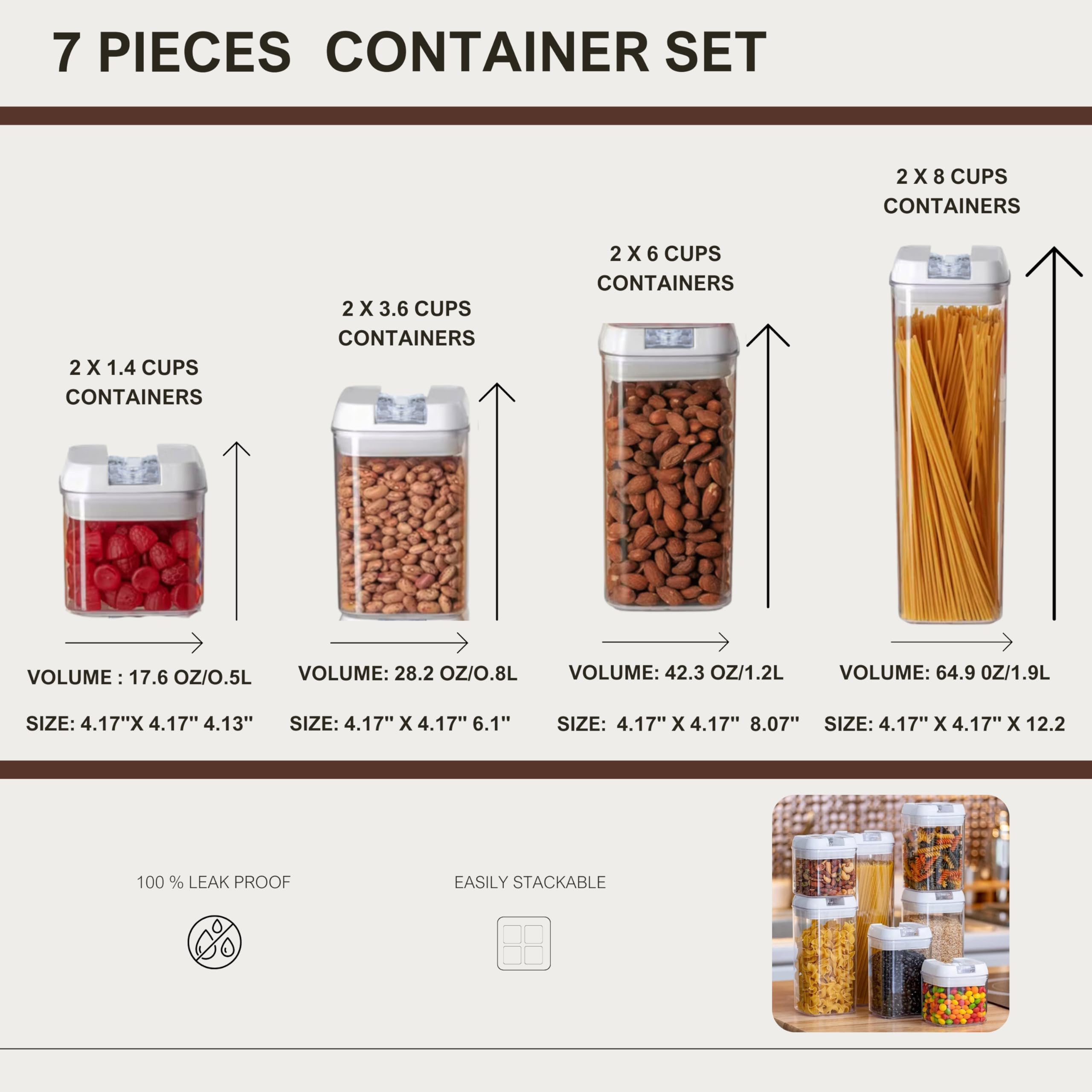 Generic Food storage hernetic container set, BPA free. For dry and fresh food, set of 7 pieces - leak proof, liner for better kitchen storage organization, WHITE