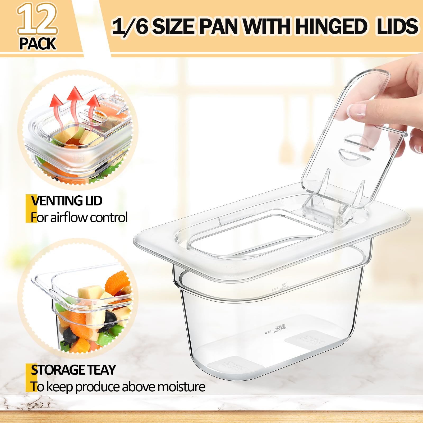 Geetery 12 Pack 1/9 Size 4'' Deep Polycarbonate Food Pan with Lid Clear Stackable Plastic Pan Restaurant Food Storage Containers with Hinged Lids for Salad Bar Hotel Supplies