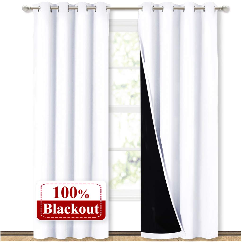NICETOWN 100% Blackout Window Curtain Panels, Heat and Full Light Blocking Drapes with Black Liner for Nursery, 84 inches Drop Thermal Insulated Draperies (White, 2 Pieces, 52 inches Wide Each Panel)