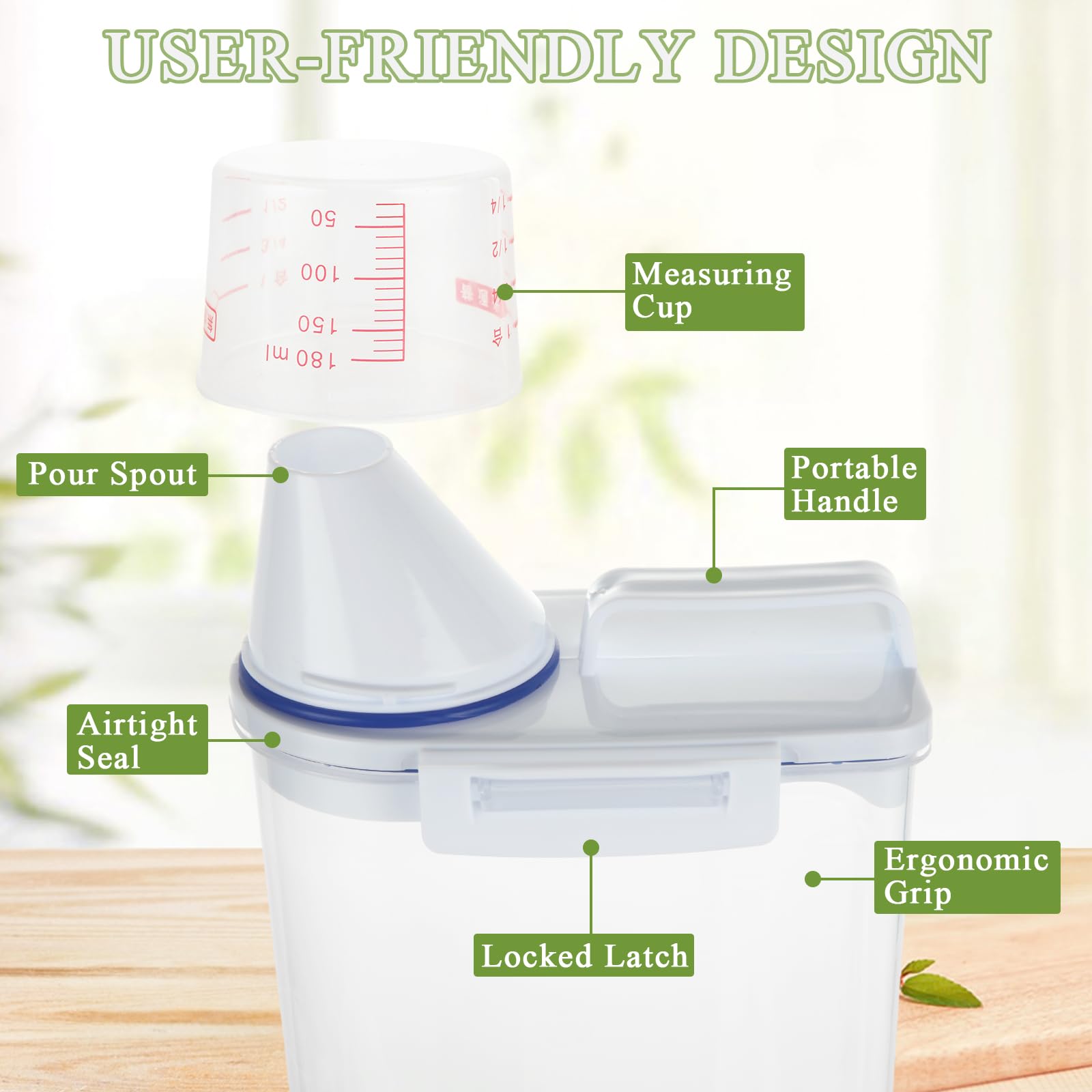 AKOLAFE 4 Pack Flour Container 5LB Pantry Food Storage Containers with Lids Airtight & Measuring Cup Small Air Tight Rice Holder Bin Plastic Cereal Grain Dispenser Kitchen for Sugar Dry Goods Pet Food