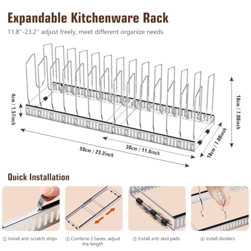 Housolution Pot Lid Organizer, Stainless Steel Expandable Pot and Pan Organizer with 14 Adjustable Dividers, Pan Storage Rack Lid Holder for Cabinet, Silver