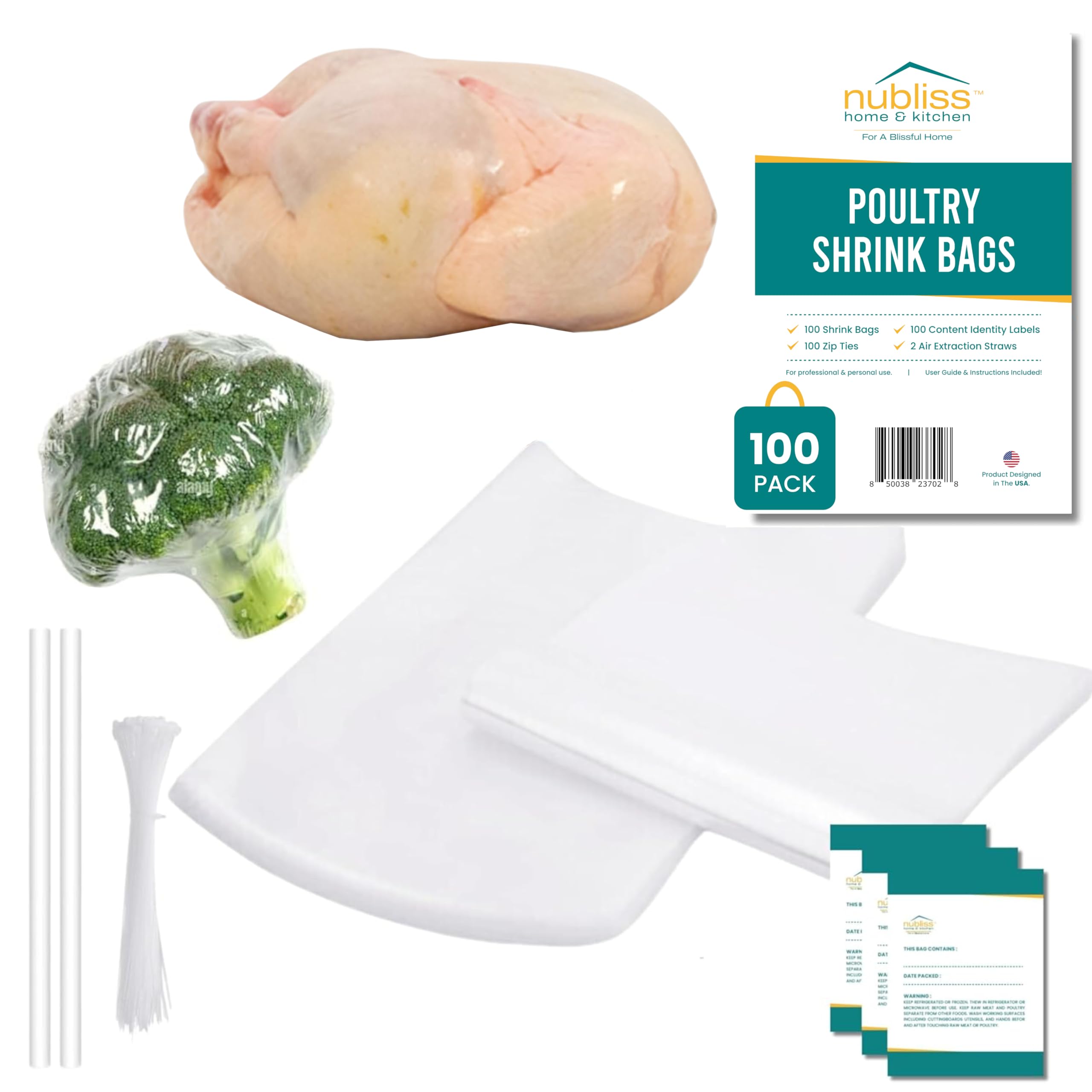 NuBliss Poultry Shrink Wrap Bags,13x18 Inches Poultry Heat Shrink Bags Freezer, Includes Zip Ties, Labels, and 2 Insert Straws, Thick Clear Shrink Wrap for Chicken, Meats, and Vegetables (30)