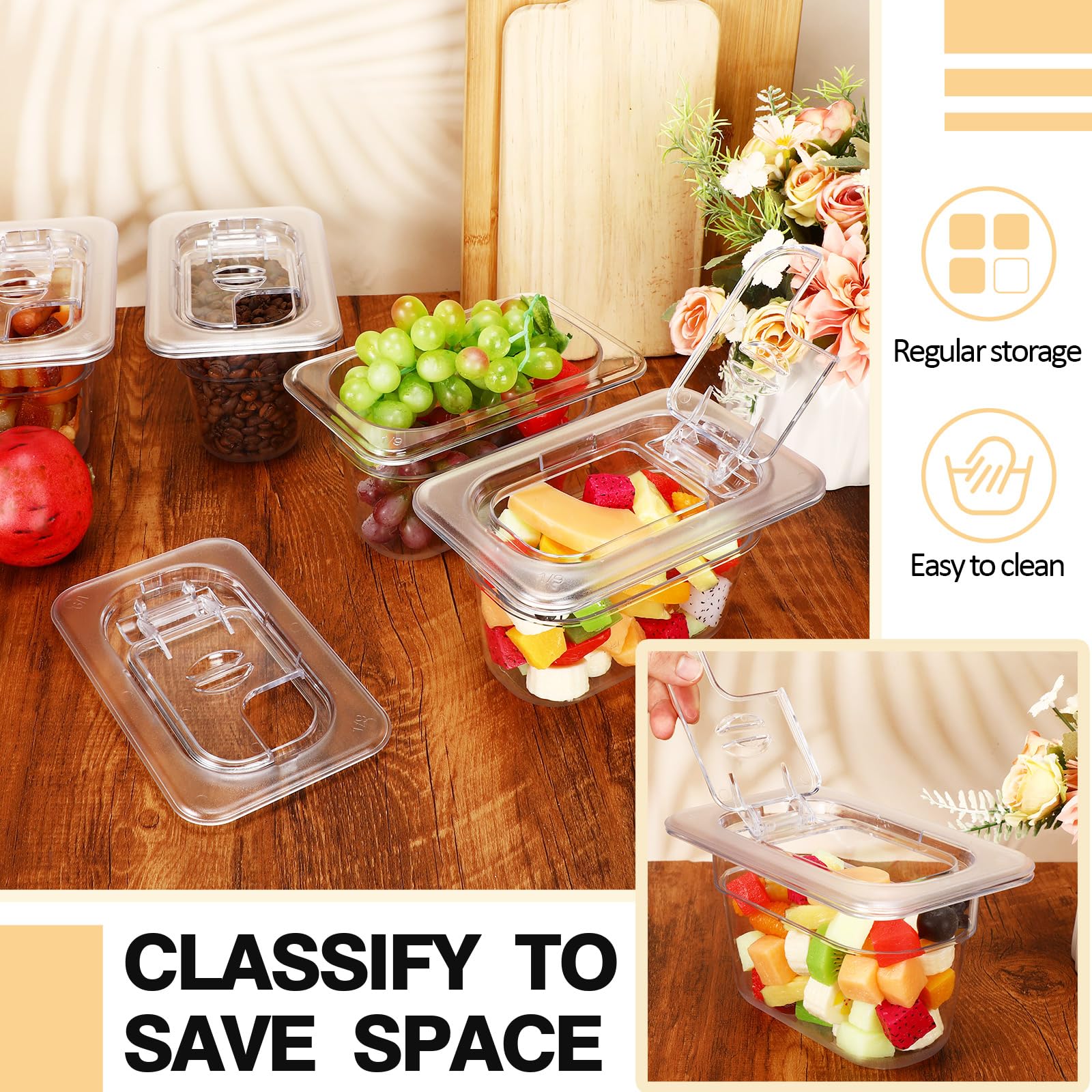 Geetery 12 Pack 1/9 Size 4'' Deep Polycarbonate Food Pan with Lid Clear Stackable Plastic Pan Restaurant Food Storage Containers with Hinged Lids for Salad Bar Hotel Supplies