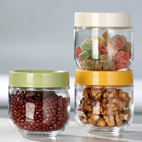 DNIENKGE Glass Sealed jar Confectionery Container – 10oz Kitchen Glass Sealed Storage Jar with Stackable Sealed Lid for Kitchen Seasoning, Coffee Beans, Tea, Sugar, Vanilla (3PCS)