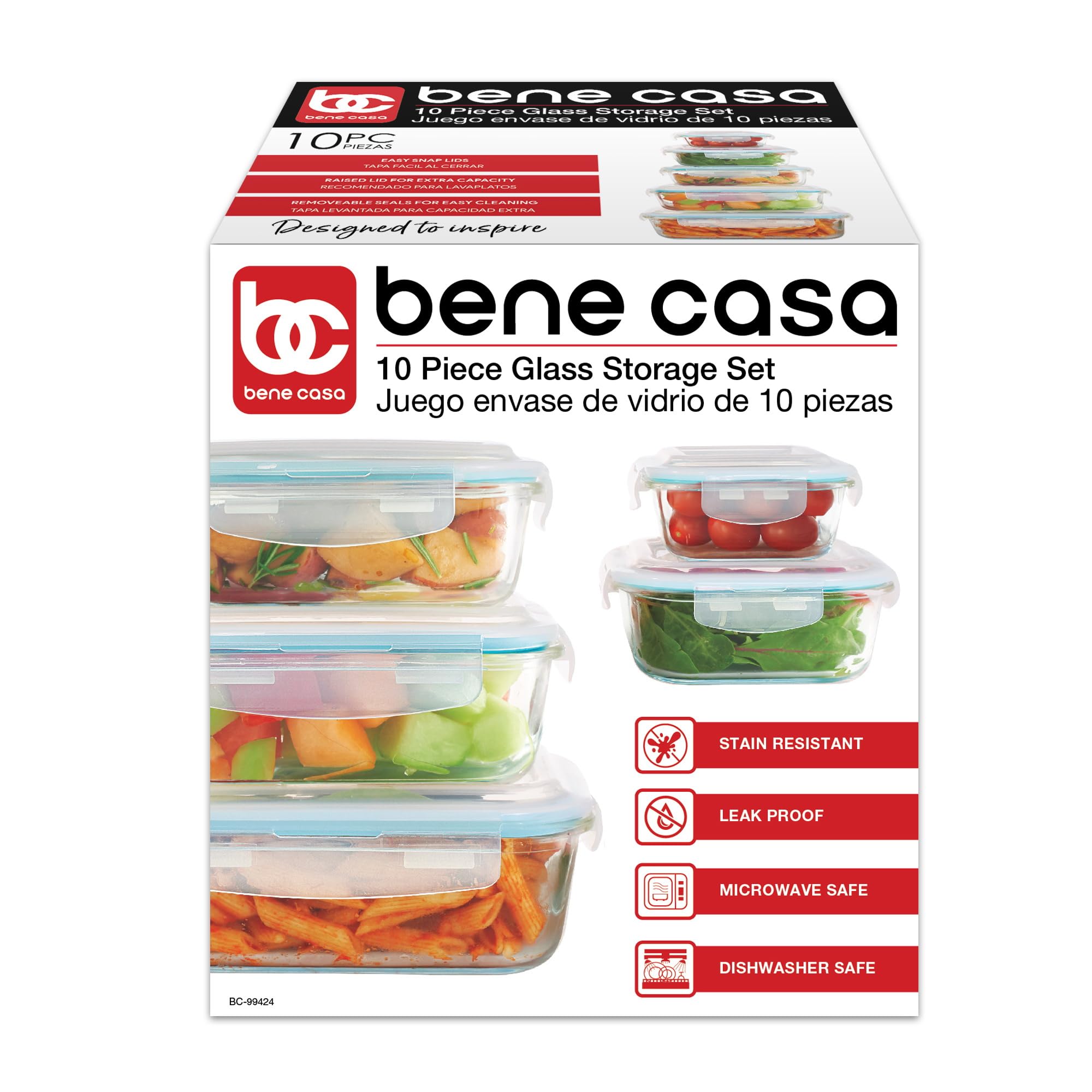 Bene Casa 10-piece glass food storage container set, air tight led containers, oven safe, microwave safe, freezer safe, dishwasher safe