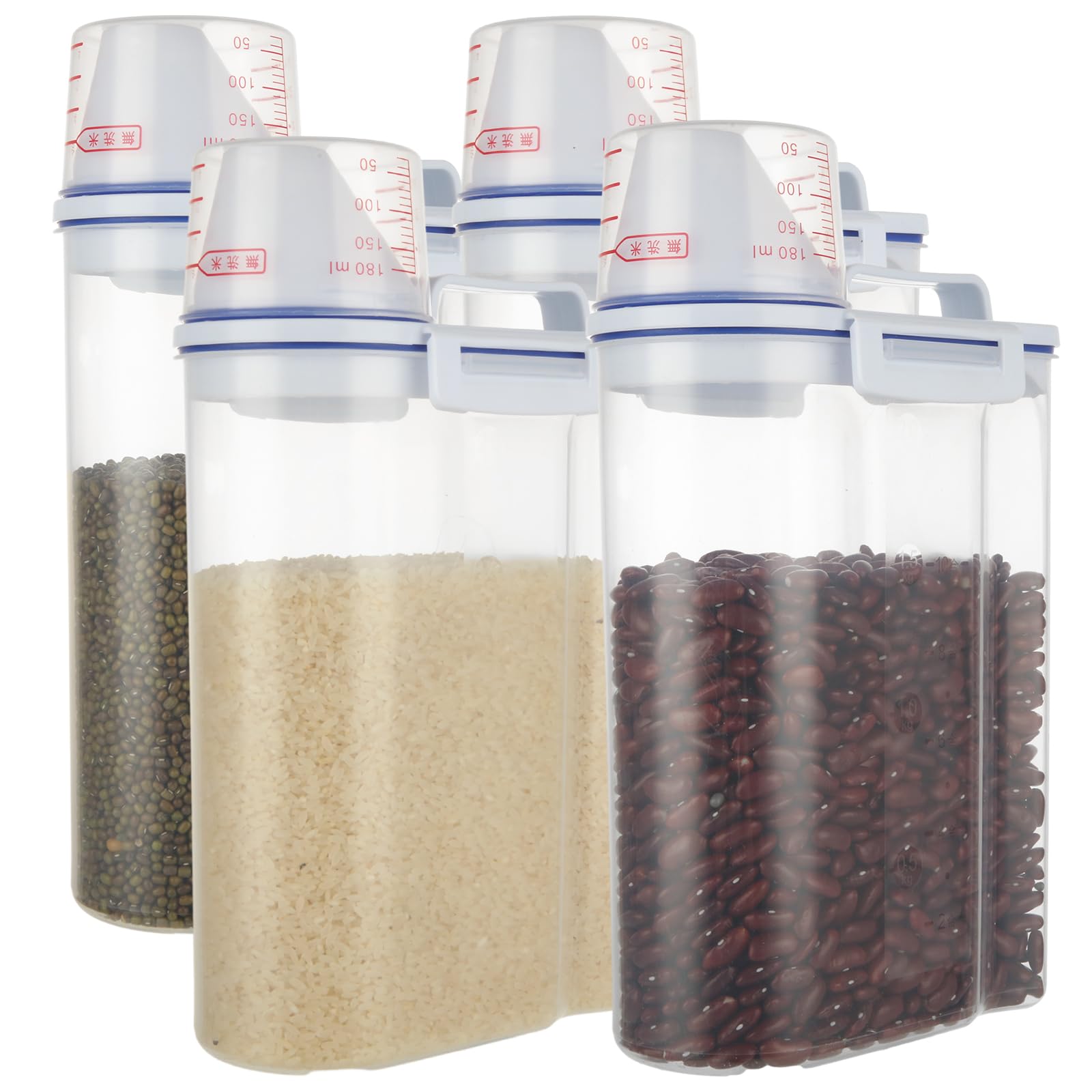 AKOLAFE 4 Pack Flour Container 5LB Pantry Food Storage Containers with Lids Airtight & Measuring Cup Small Air Tight Rice Holder Bin Plastic Cereal Grain Dispenser Kitchen for Sugar Dry Goods Pet Food