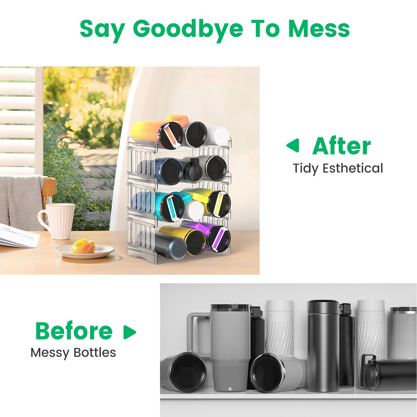 Phsycolv Water Bottle Organizer Compatible with Stanley 40oz Tumbler with Handle, 4 Pack Stackable Cup Organizer for Cabinet, Pantry Kitchen Organizers and Storage for Cup Accessories, Wine Rack Gift