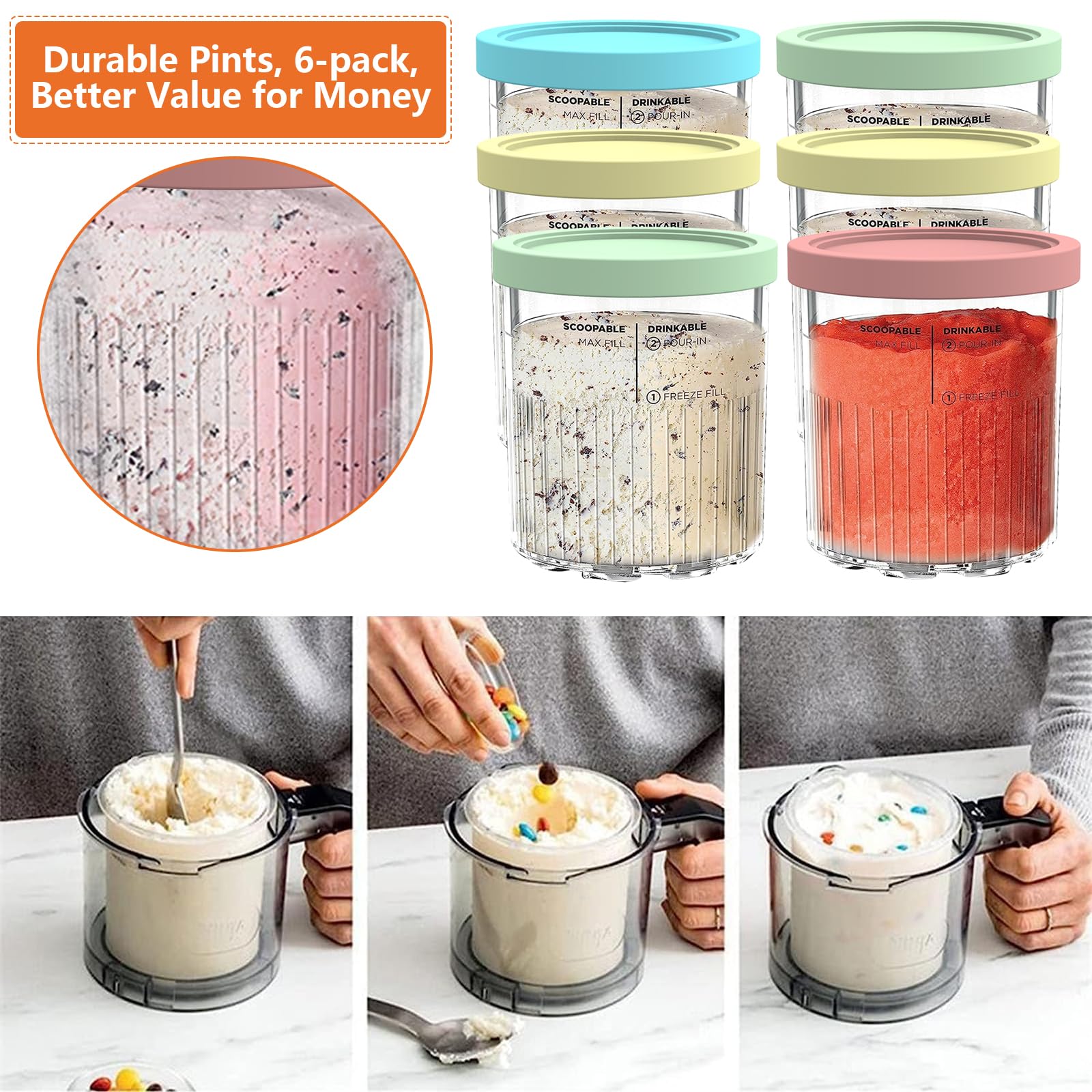 AULKZIOV Creami Pint Containers Replacement for Ninja Creami Deluxe Pints 24oz NC501, Compatible with Ninja NC501 NC500 Series Creami Deluxe Ice Cream Makers (NC500 Series - 6 Pack)