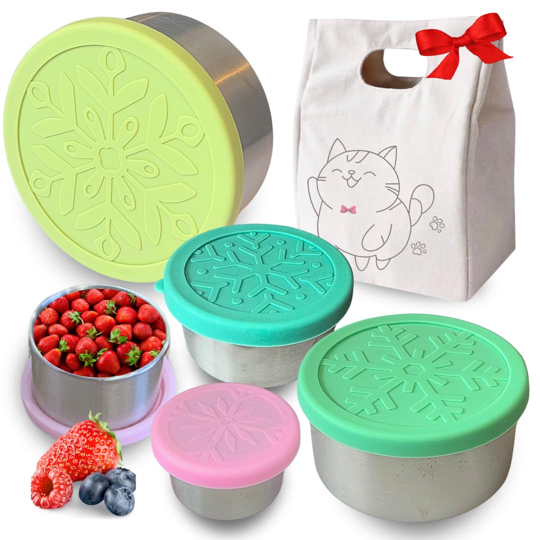 304 Stainless Steel Lunch Box Containers for Kids with Lunch Bag, Leakproof Stainless Steel Round Food Storage Containers with Silicone Lids, Metal and Nesting Snack Containers, Set of 5 sizes, kF033