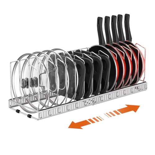 Housolution Pot Lid Organizer, Stainless Steel Expandable Pot and Pan Organizer with 14 Adjustable Dividers, Pan Storage Rack Lid Holder for Cabinet, Silver