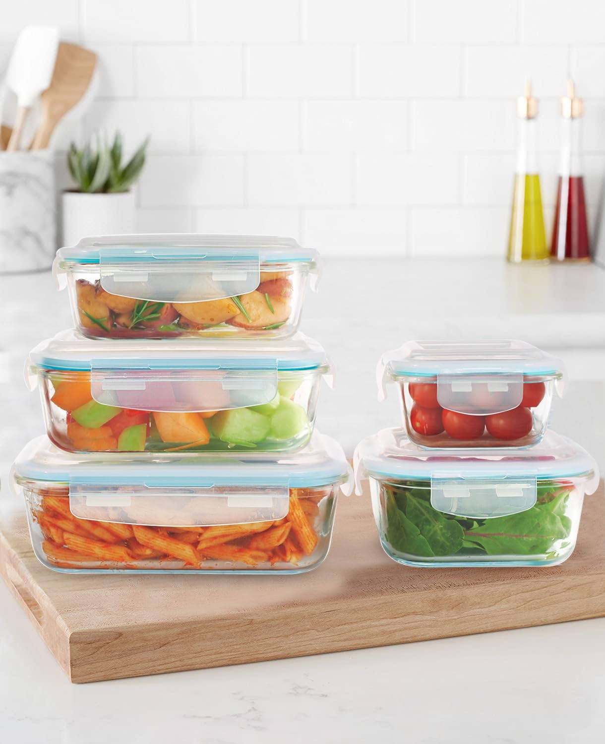 Bene Casa 10-piece glass food storage container set, air tight led containers, oven safe, microwave safe, freezer safe, dishwasher safe
