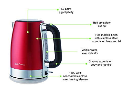 Betty Crocker BC-3711CMR 1.7L 1.7-Liter Cordless Jug Kettle, One Size, Red