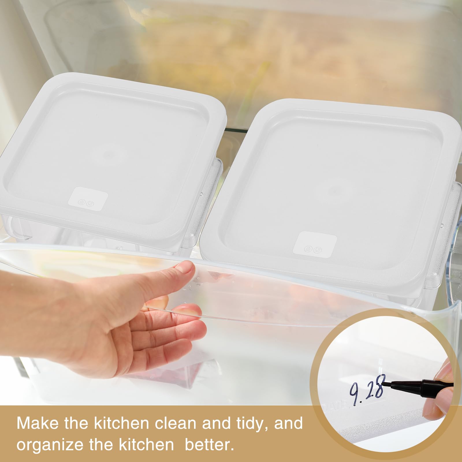 FoldTier 2 Pieces Square Food Storage Containers Polycarbonate Clear food Container with Lid Commercial Storage with Graduations for Commercial Kitchen Dough Marinating Meat(White,8 Qt)