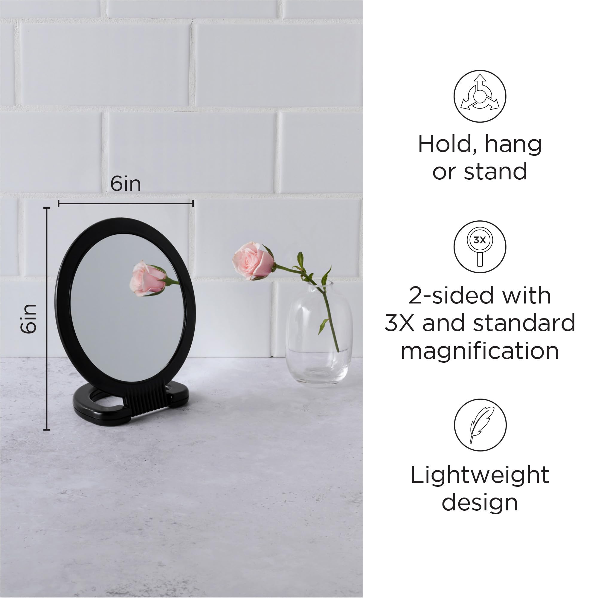 Diane Plastic Handheld Mirror β Magnifying 2-Sided Vanity Mirror with Folding Circle Handle and Stand for Hanging β Medium Size, 6βx 10β for Travel, Bathroom, Desk, Makeup, Beauty, Grooming, D1014