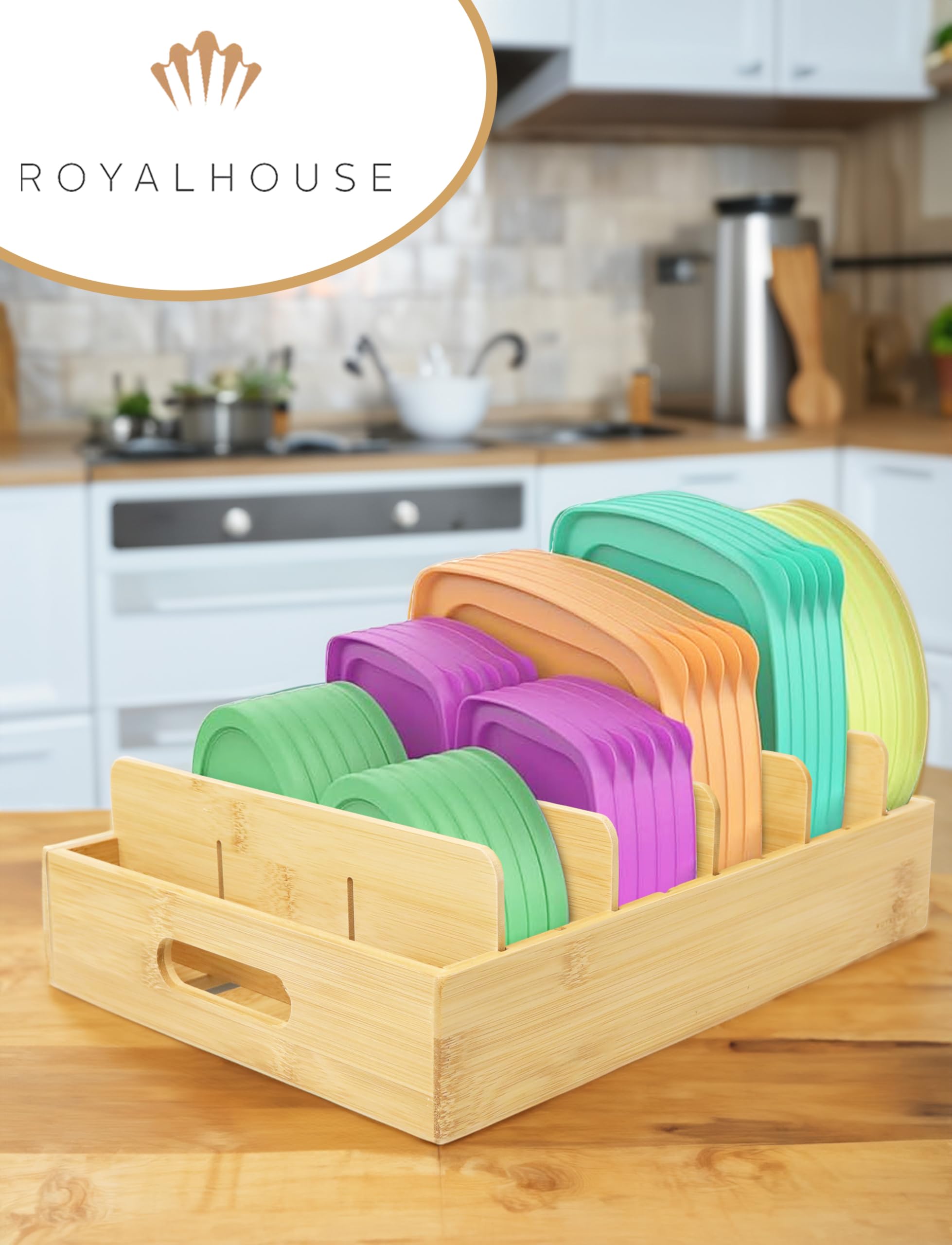 RoyalHouse Bamboo Food Container Lid Organizer with Adjustable Dividers, Box for Kitchen Storage And Organization