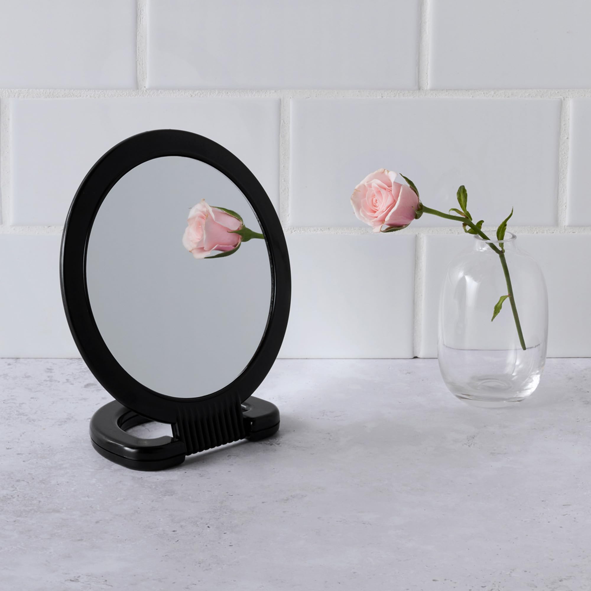 Diane Plastic Handheld Mirror β Magnifying 2-Sided Vanity Mirror with Folding Circle Handle and Stand for Hanging β Medium Size, 6βx 10β for Travel, Bathroom, Desk, Makeup, Beauty, Grooming, D1014