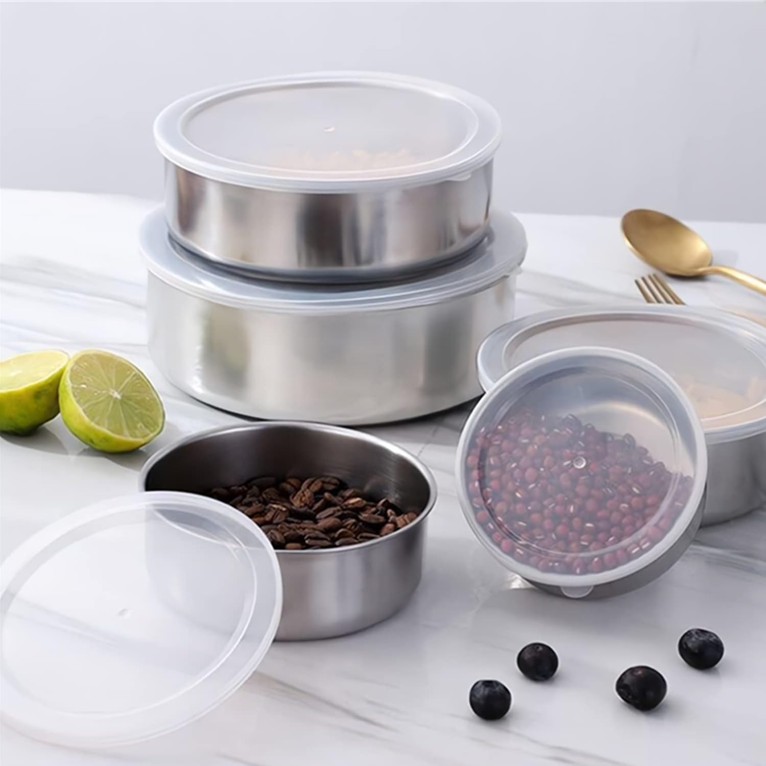 Tsyware [Set of 5] Stackable Stainless Steel Snack Food Storage Containers With Lids, Leakproof Clear Lids For Lunch, Leftovers, Soups, Salads Meal Prep and Storage, Reusable for Kids and adults