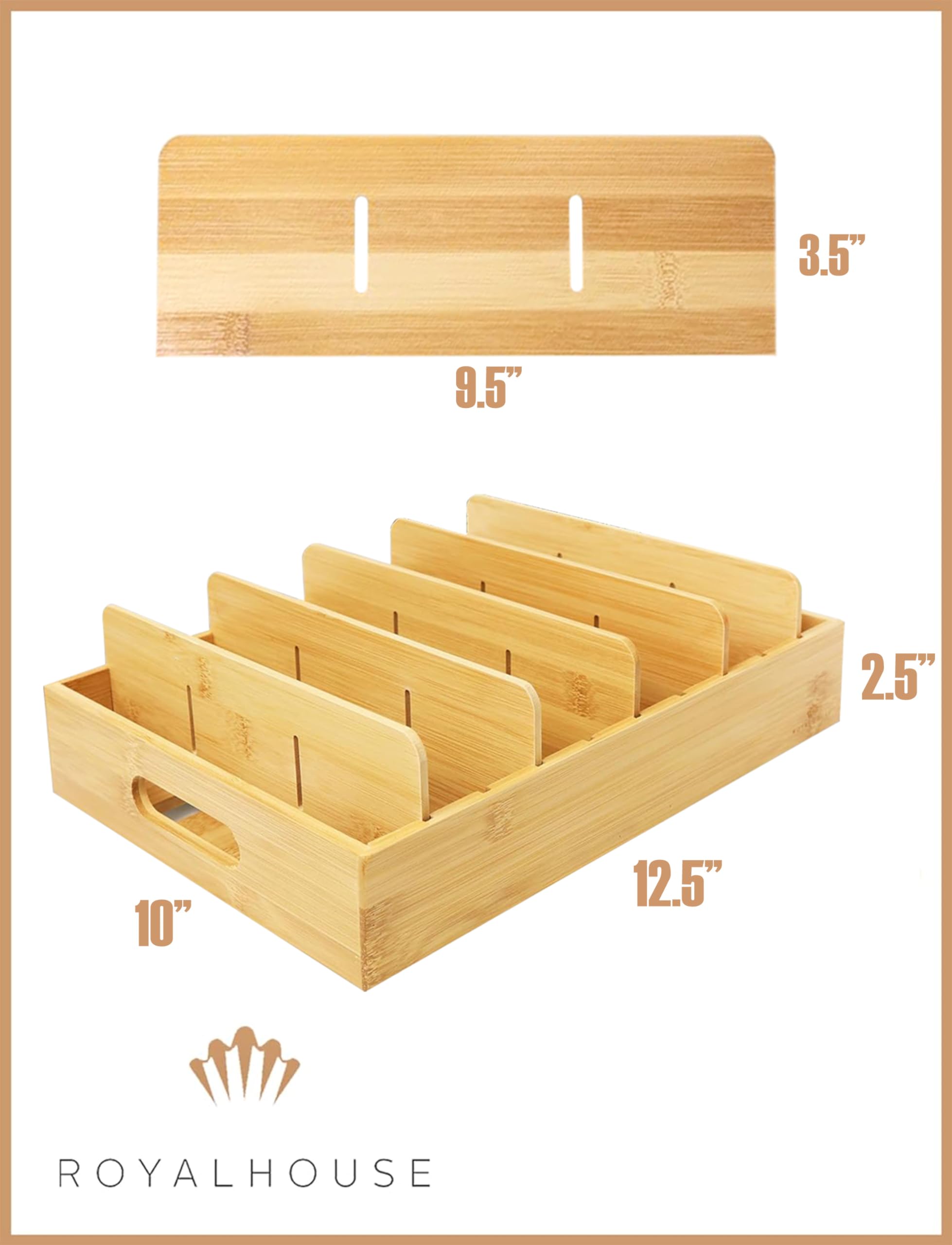 RoyalHouse Bamboo Food Container Lid Organizer with Adjustable Dividers, Box for Kitchen Storage And Organization