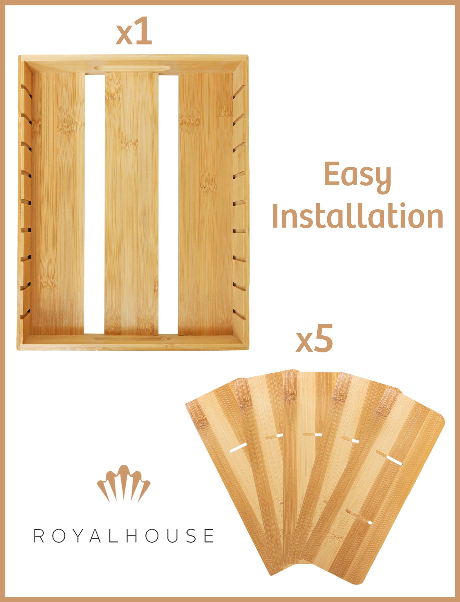 RoyalHouse Bamboo Food Container Lid Organizer with Adjustable Dividers, Box for Kitchen Storage And Organization