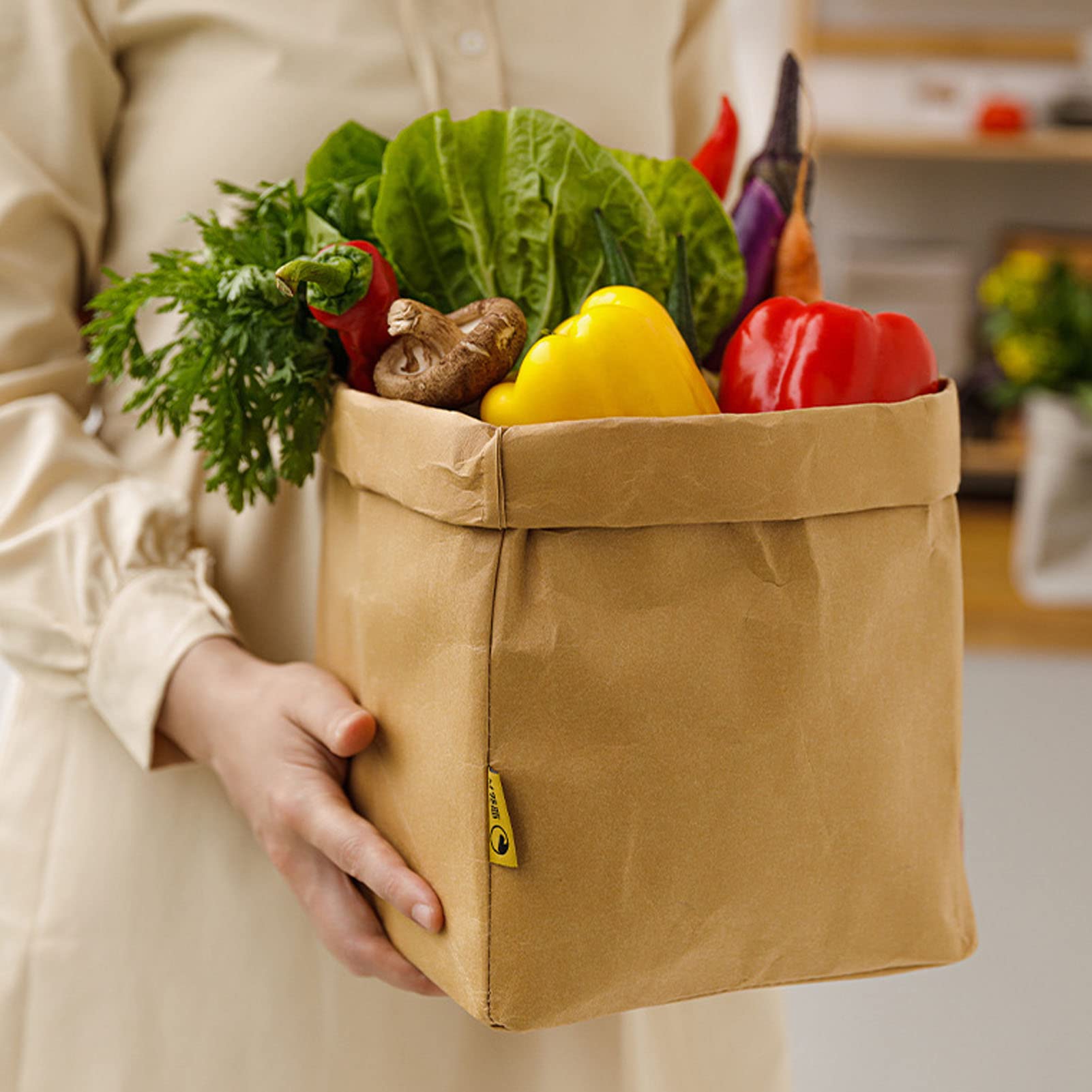Nachukan Washed Kraft Paper Bags for Food Storage, Waterproof Fruit & Veggie Holding, Reusable Household Produce Bags(S)