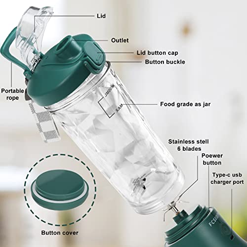 Portable Blender, Personal Blender for Shakes and Smoothies, USB Rechargeable 600Ml Juicer Cup, Mini Blender with Six Strong Stainless-Steel Blades for Kitchen, Camping, Travel (Green)