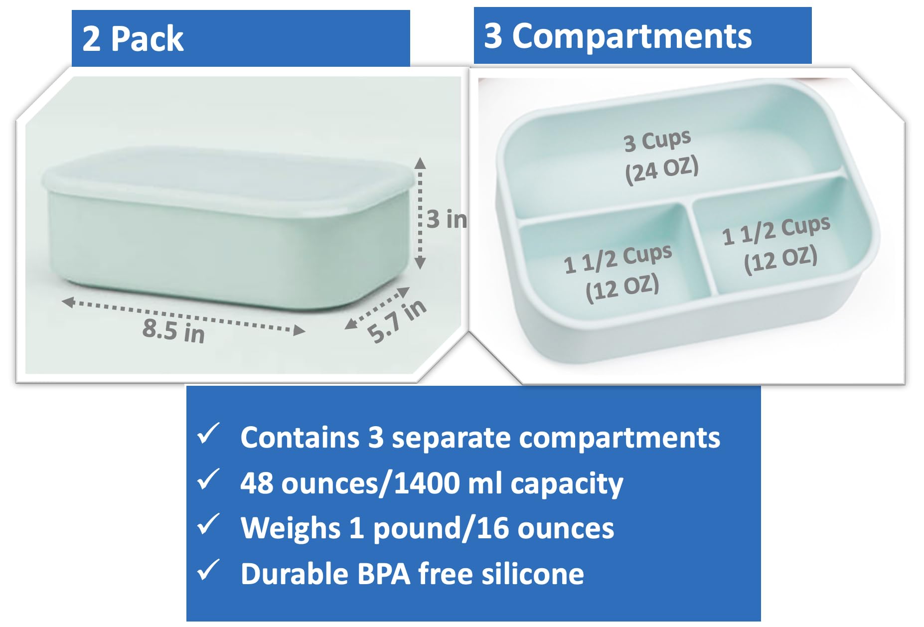 Cocina Vida 2 Pack Large Divided Food Storage and Meal Prep Containers - BPA Free Bento Box - Food Grade Silicone Lunch Box, 3 Compartment Leak Proof - 48 Ounce/1400 ml