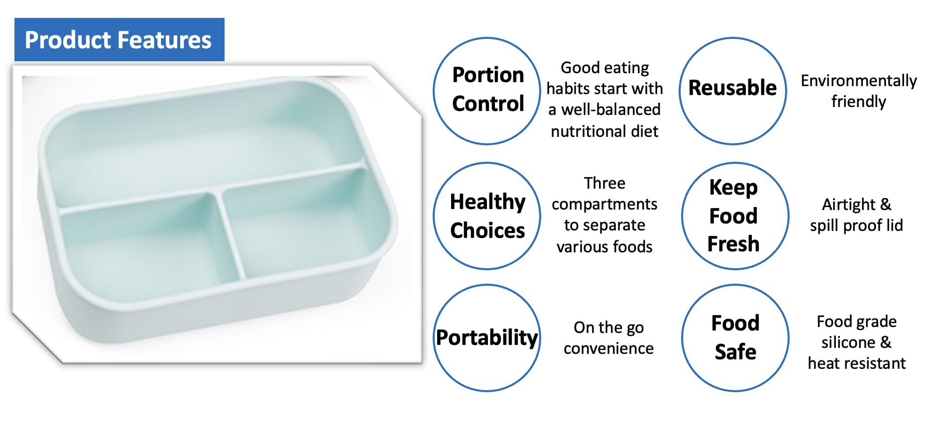 Cocina Vida 2 Pack Large Divided Food Storage and Meal Prep Containers - BPA Free Bento Box - Food Grade Silicone Lunch Box, 3 Compartment Leak Proof - 48 Ounce/1400 ml