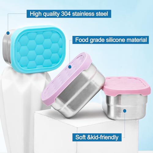 Maxcheck 6 Pcs Stainless Steel Snack Containers Food Storage Container with Silicone Lid Easy Open Stainless Steel Lunch Box Leak Proof Metal Bento Containers (Pastel Color,8oz)