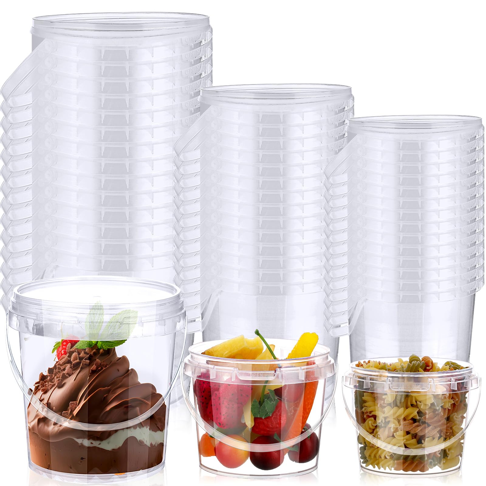 Mifoci 60 Pcs Food Clear Bucket Plastic Gallon Bucket Round Reusable Ice Cream Containers 32oz 16oz 8oz with Lids and Handles Airtight Clear Tub Freezer Reusable Pail for Kitchen Drinks Home, 3 Size