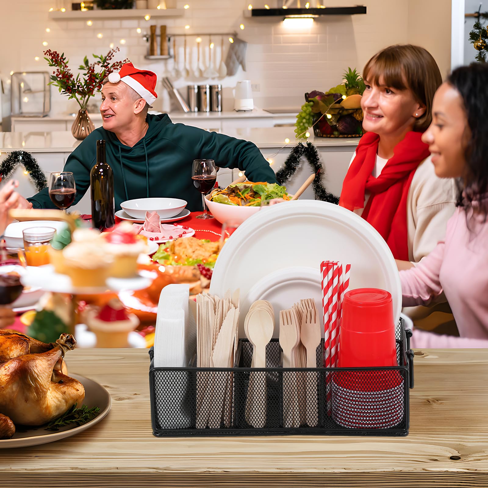 Remittur Paper Plate Dispenser with Handle, Metal Paper Plate Holders for Kitchen Counter, Utensil Holder Organizer with 6 Compartments, Silverware Holder Caddy for Cup Fork Spoon Napkin Party Camping