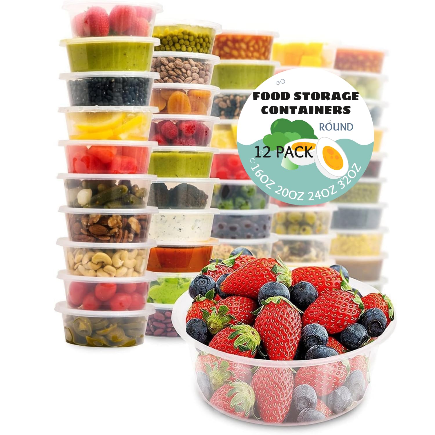 12 Pack 32 oz Food Storage Containers with Lids BPA-Free Leakproof Round Deli Cups Freezer Microwave Safe Meal Prep Containers Airtight Plastic Disposable Takeout Bowls for Kitchen and Restaurant Use