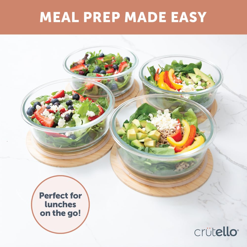 Crutello Glass Storage Containers with Bamboo Lids - Eco-Friendly Non Toxic Meal Prep Jars with Wooden Lid for Fridge and Kitchen Organization - Non Plastic Container for Fruit Bowls - 32 oz - 4 Pack