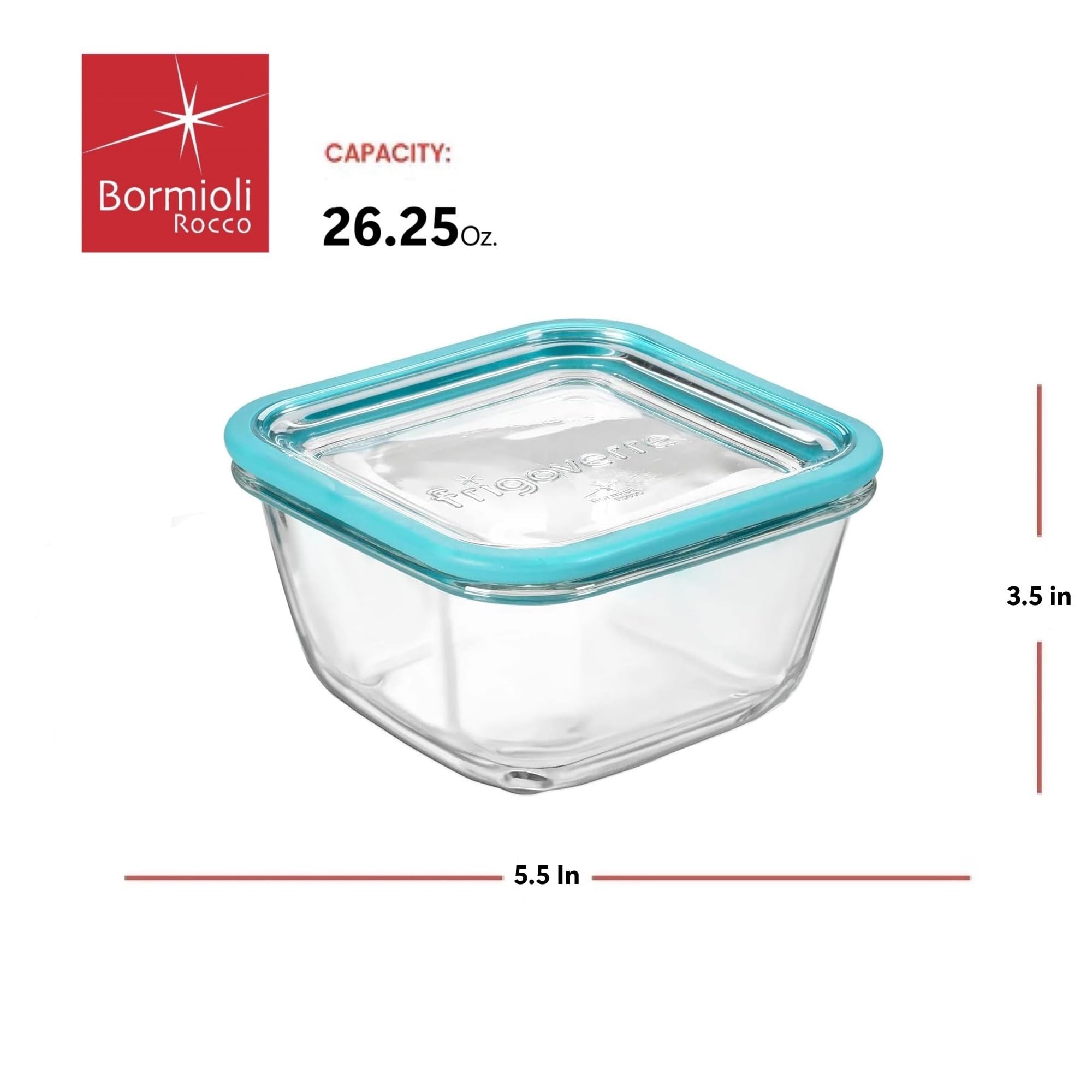 Bormioli Rocco Frigoverre Future Set Of 2 26.25 Oz. Square Food Storage Container, Made From Durable Glass, Dishwasher Safe, Made In Italy, 2 Pack.