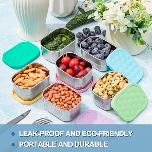 Maxcheck 6 Pcs Stainless Steel Snack Containers Food Storage Container with Silicone Lid Easy Open Stainless Steel Lunch Box Leak Proof Metal Bento Containers (Pastel Color,8oz)