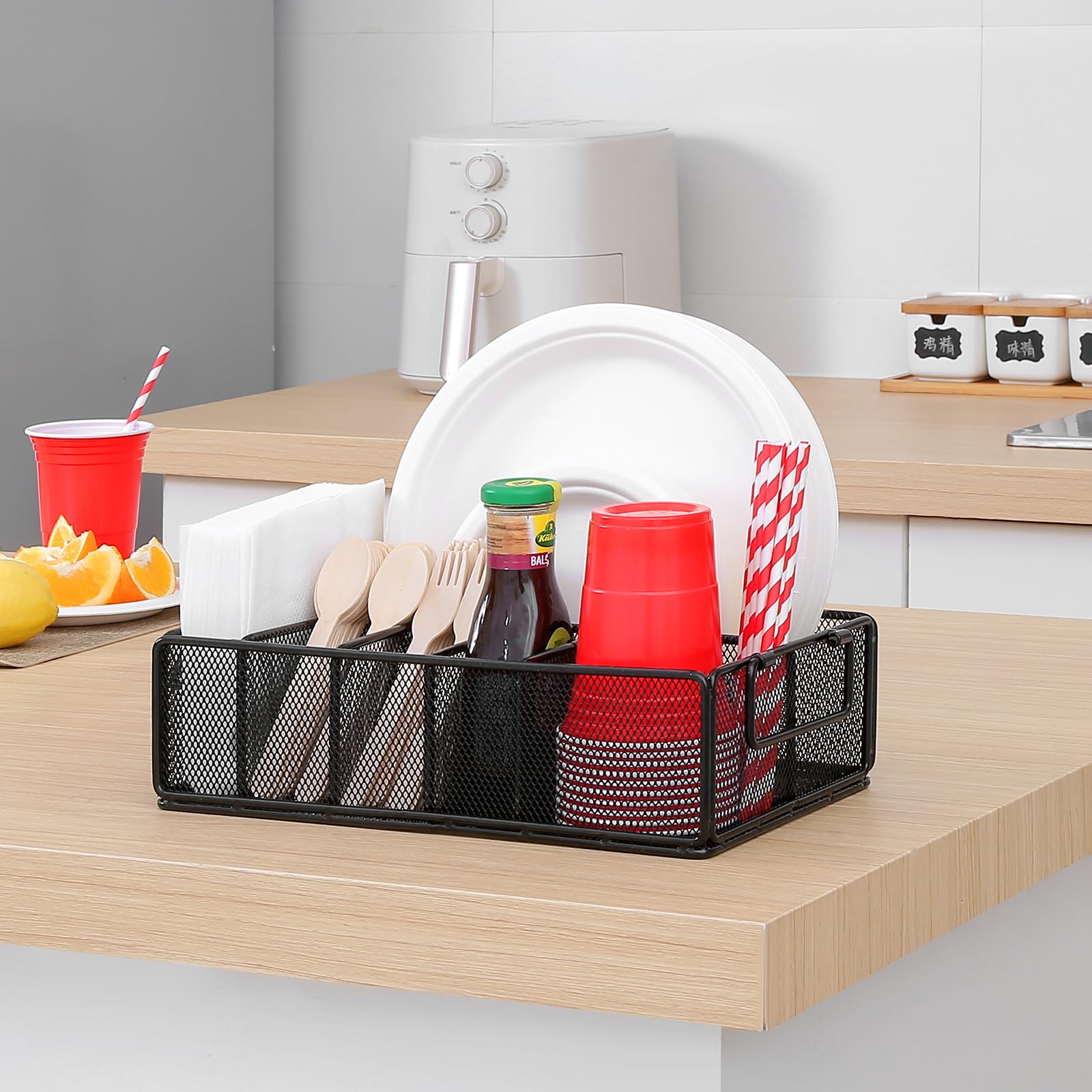 Remittur Paper Plate Dispenser with Handle, Metal Paper Plate Holders for Kitchen Counter, Utensil Holder Organizer with 6 Compartments, Silverware Holder Caddy for Cup Fork Spoon Napkin Party Camping