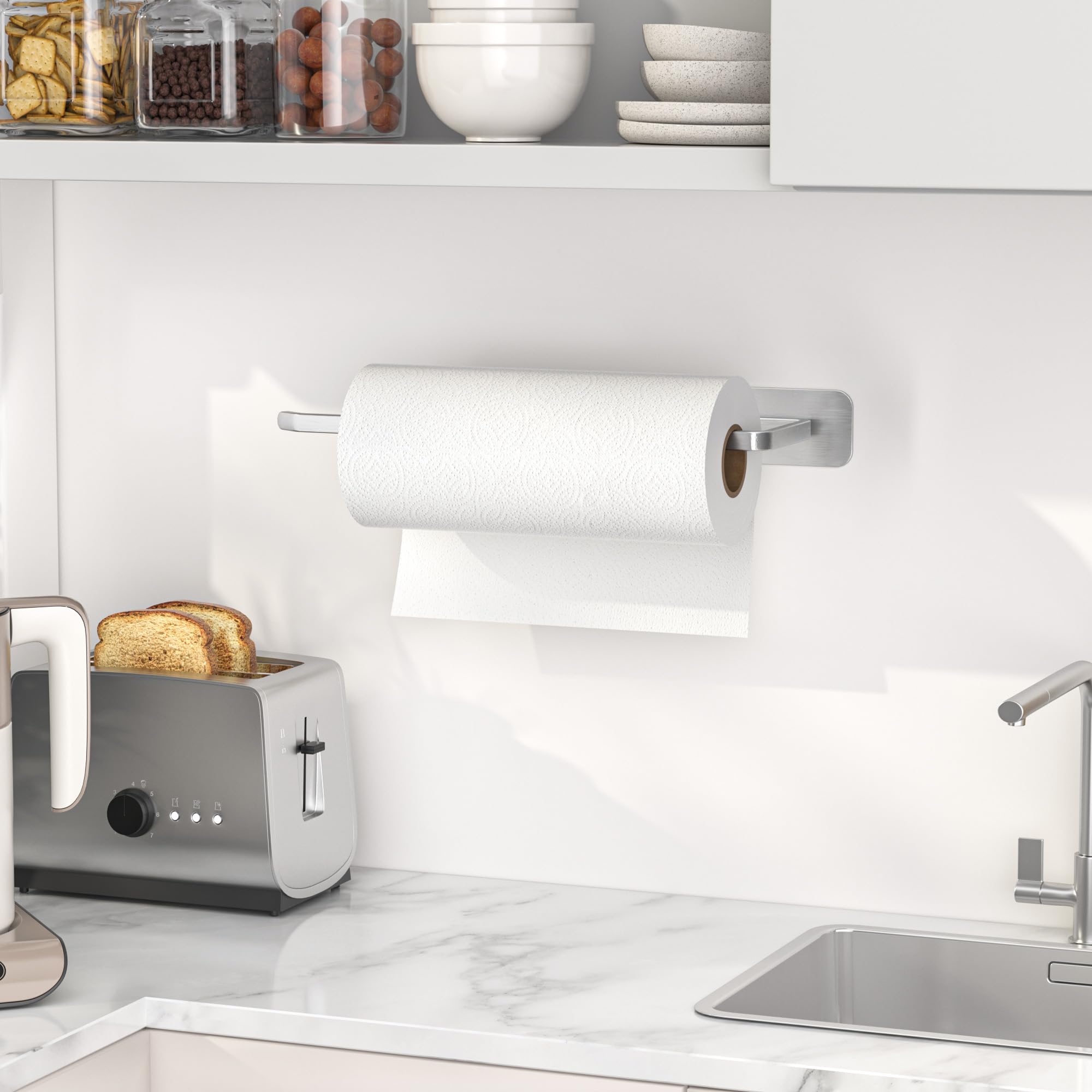 Paper Towel Holder Under Cabinet - Both Available in Adhesive and Drilling - Upgraded Aluminum Paper Towel Holder Wall Mount - Kitchen Towel Holder