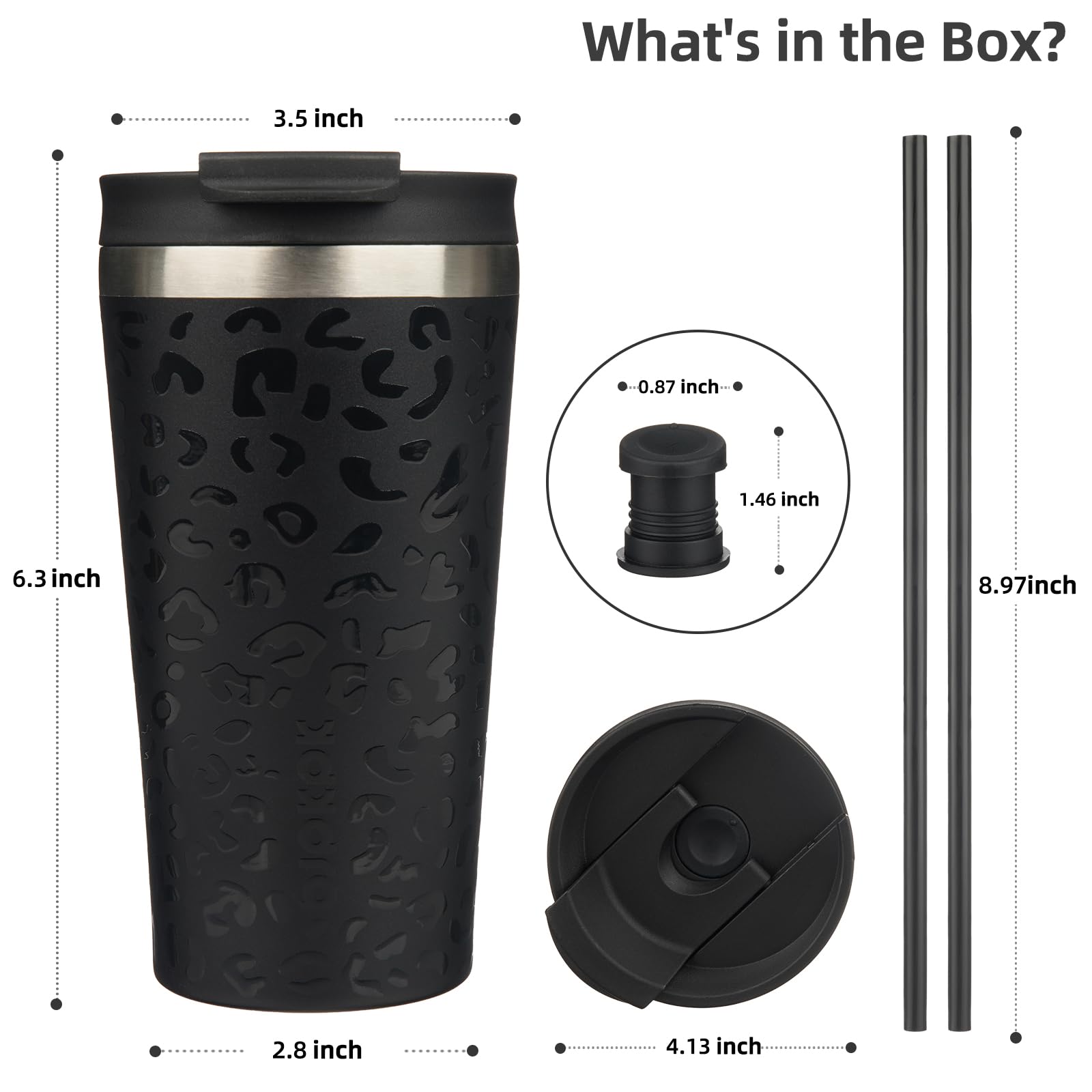 BJPKPK 18oz Insulated Tumbler With lid And Straw Stainless Steel Tumblers Travel Coffee Mug Reusable Thermal Cup,Black Leopard