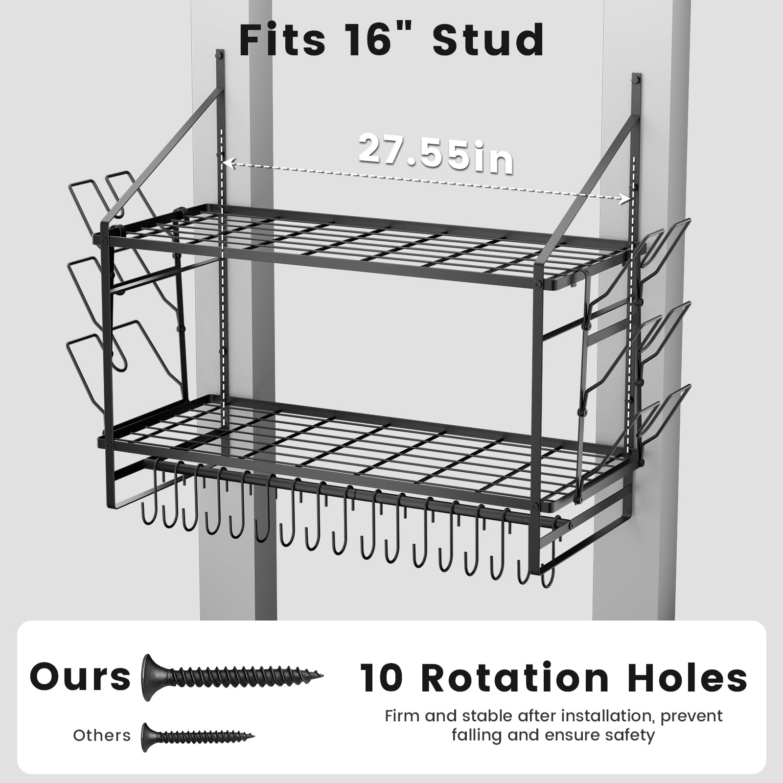 HOYRR Hanging Pot Rack Wall Mounted,30 Inch Wall Hanging Pot Rack,Pot Hangers for Kitchen Wall Mount,Pot And Pan Hanger Side Piece with 2 Pieces Pans Lids Organizer,Wall Pot Rack Hanging Rod+16 Hooks