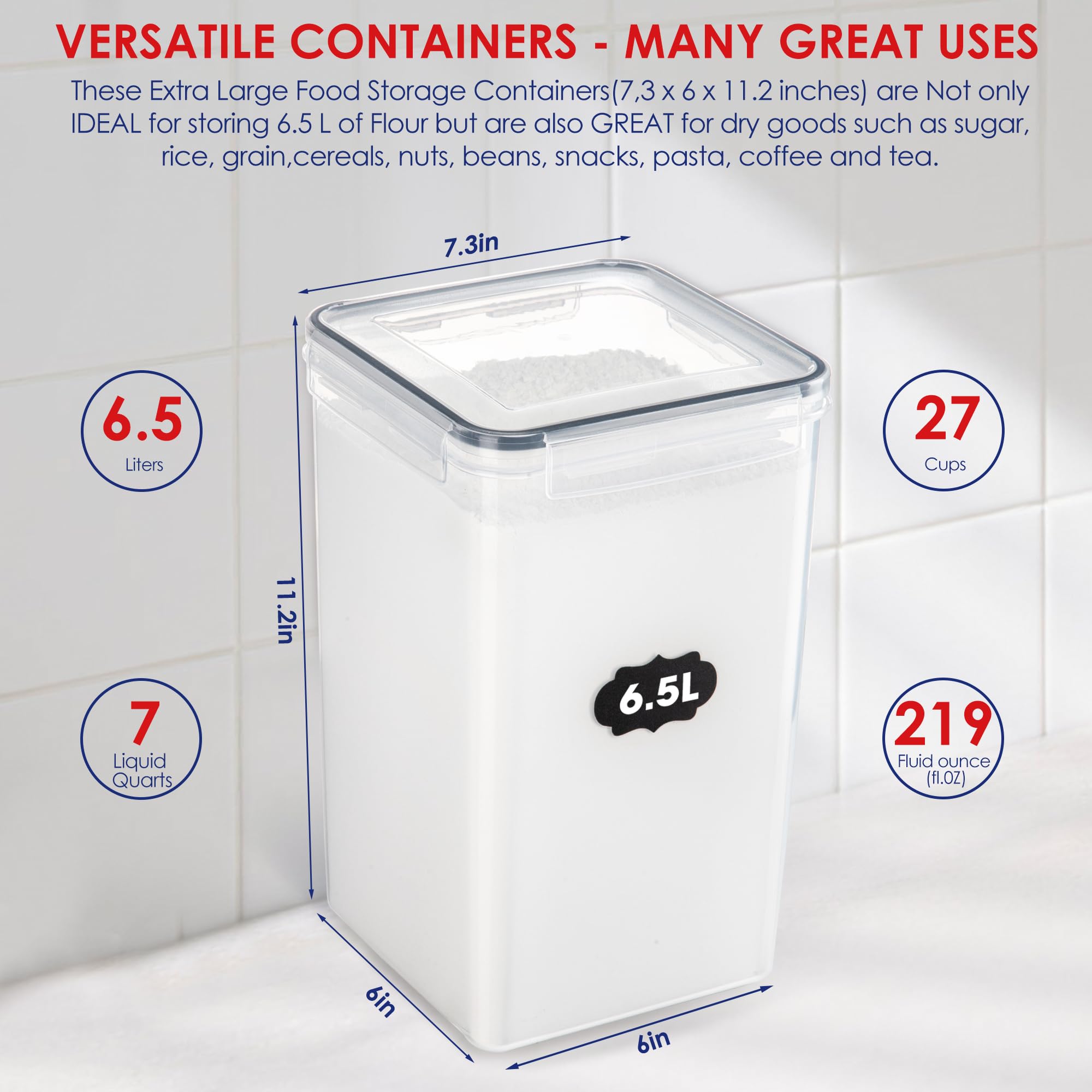 GCZXNSYM Extra Large Food Storage Containers with Lids | Airtight, Leak Proof, Plastic, BPA Free, Kitchen Items, Set of 2 (6.5L / 220 Oz) 8 PCS Labels&4 Spoons&1 White Pen for Sugar, Coffee, Bakin