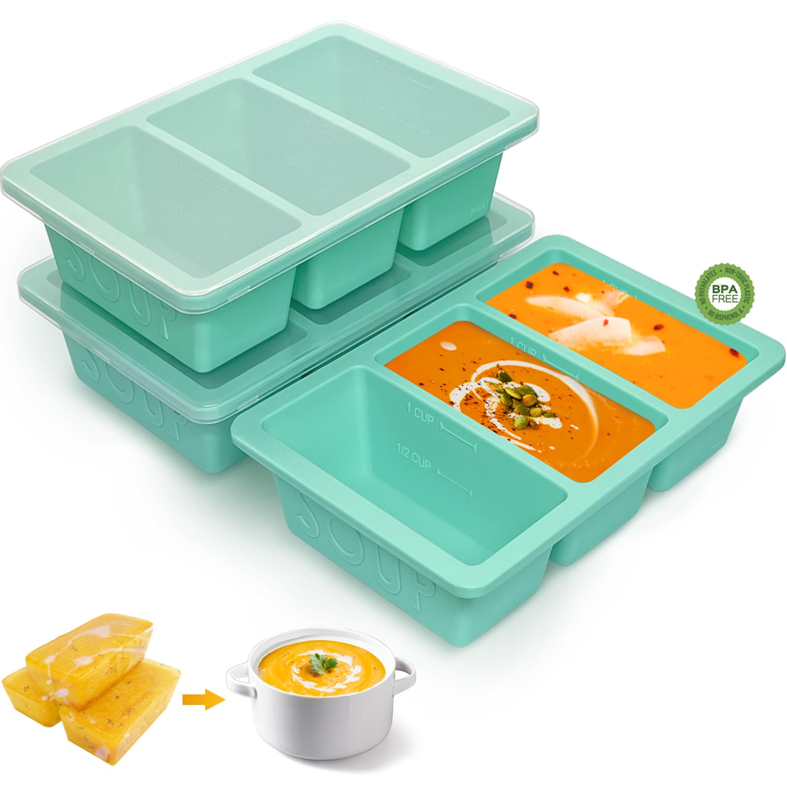 GDDGCUO Silicone Soup Freezer Container, 3 Pcs Soup Freezer Trays with Lid, Silicone Freezer Trays with Steel Frame, Perfect for Make 9 Piece 1 Cup Soup, Sauce, Broth at Once, Dishwasher safe