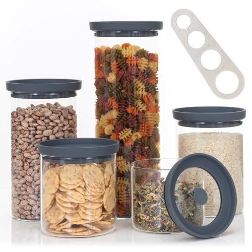 THE HAZEL PANTRY Glass Airtight Food Storage Containers with Silicone and Glass Lids – BPA-Free Jars and Canisters for Pasta Rice Flour, Dry or Wet Foods, Pantry Meal Prep – Set of 5 with Portion Tool