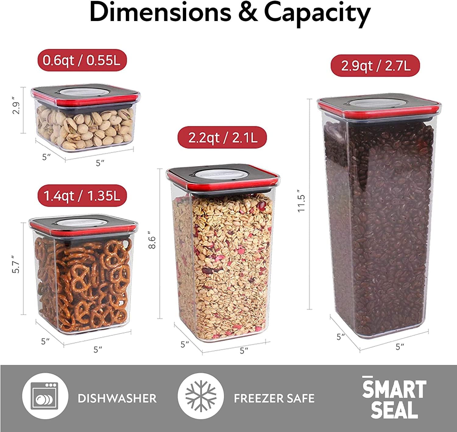 Kitchen Pantry Airtight Smart Seal Dry Food Storage with Lid, Modular, Stackable, Square, Clear Canister for Cereal, Sugar, Flour, Snack, Coffee, Pasta Container (8 Set, Black Lid)