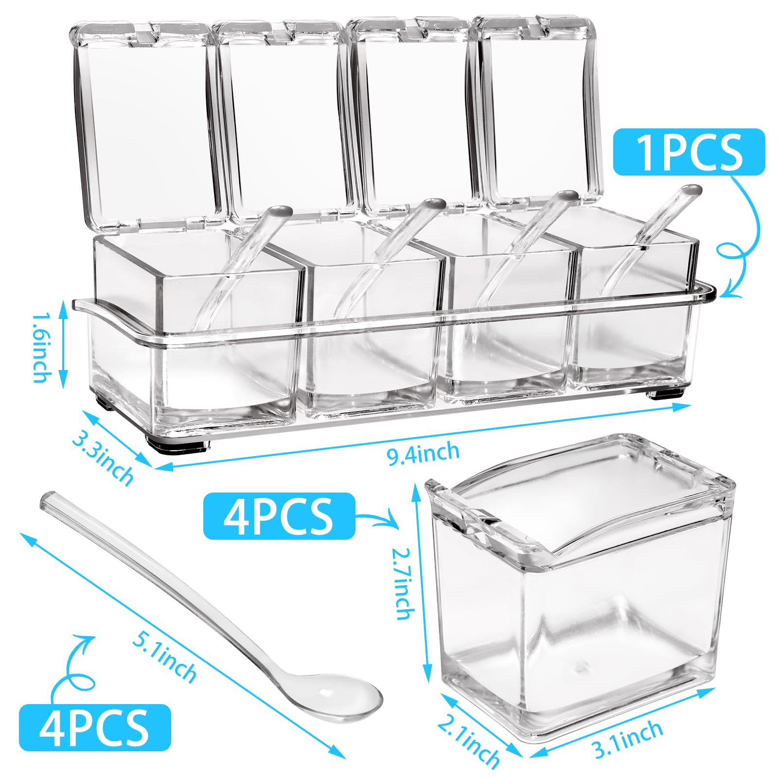 Faxco 4-Cell Clear Seasoning Rack Spice Box, Storage Container Condiment Jars Acrylic Seasoning Box with Cover and Spoon (Enhanced Version Clear)