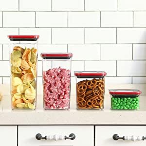 Kitchen Pantry Airtight Smart Seal Dry Food Storage with Lid, Modular, Stackable, Square, Clear Canister for Cereal, Sugar, Flour, Snack, Coffee, Pasta Container (8 Set, Black Lid)