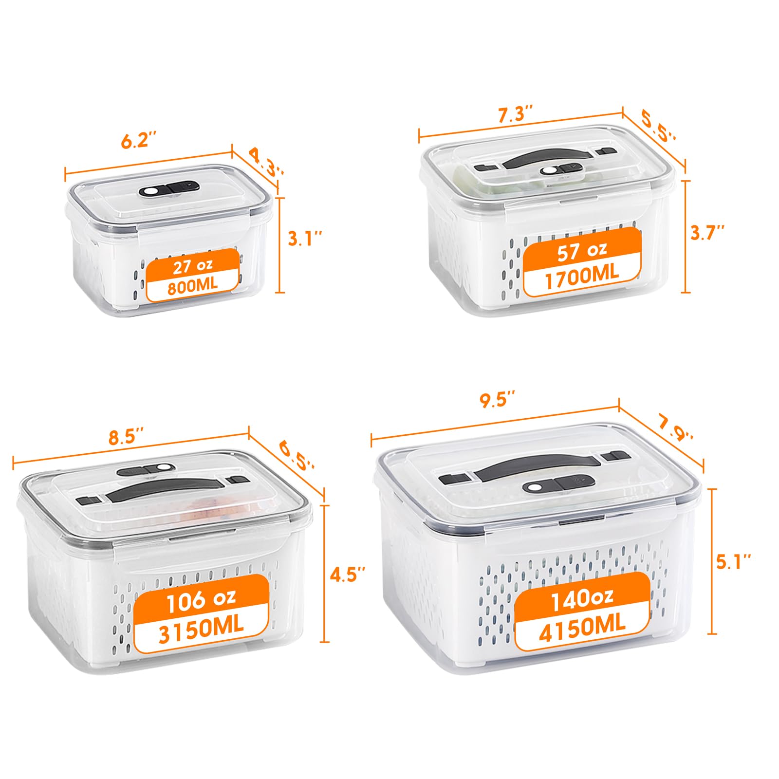 GSAFEME 4 PCS Large Fruit Containers for Fridge with Handle - Leakproof Food Storage Containers with Removable Colander for Salad Berry Lettuce Vegetables Meat Keeper