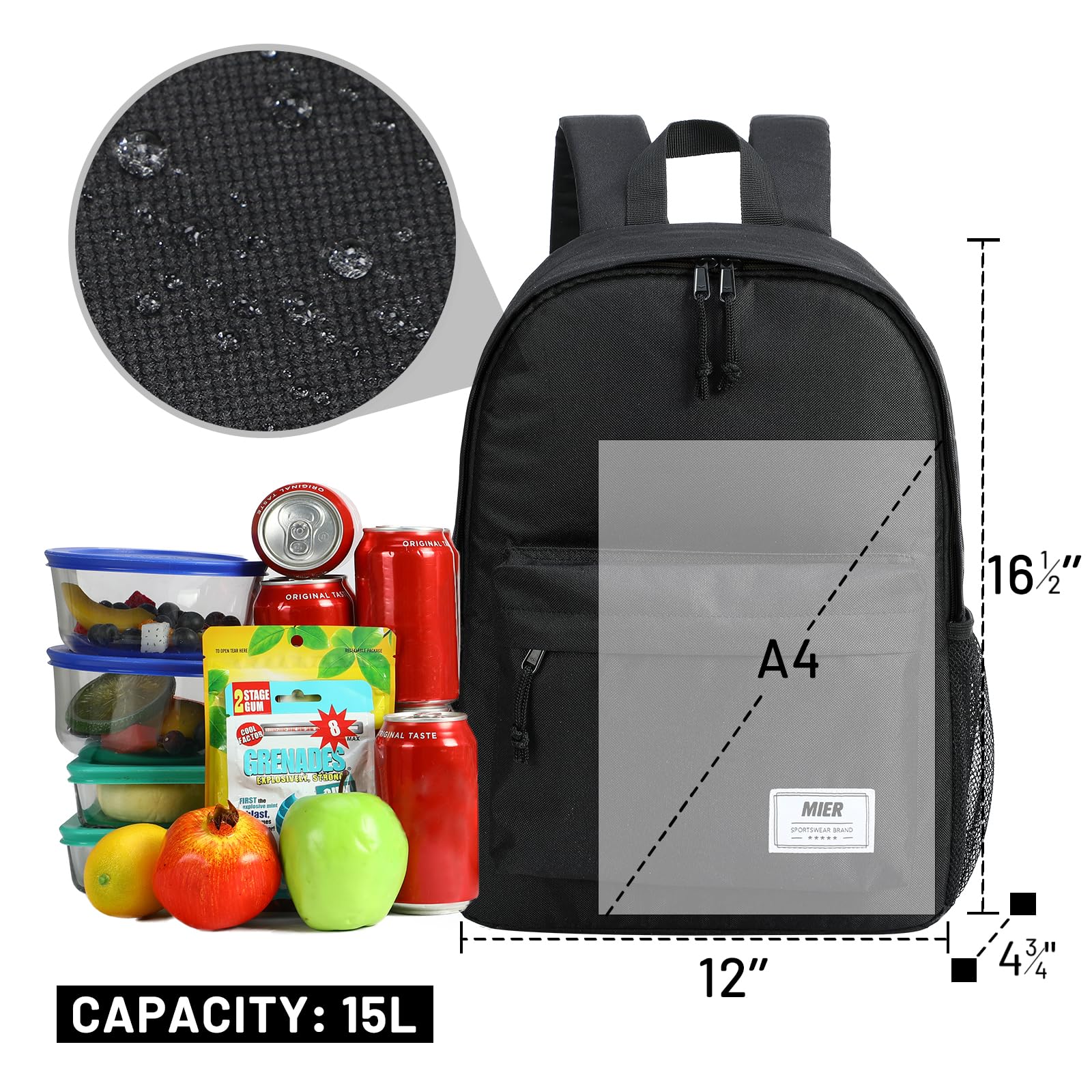 MIER Insulated Backpack Cooler Small Leakproof Lunch Back Pack with Coolers Lightweight Cute Lunch Bag for Women Girls Teens to Work, School, Picnics, Camping, Park Day Trips, 15 L, Black