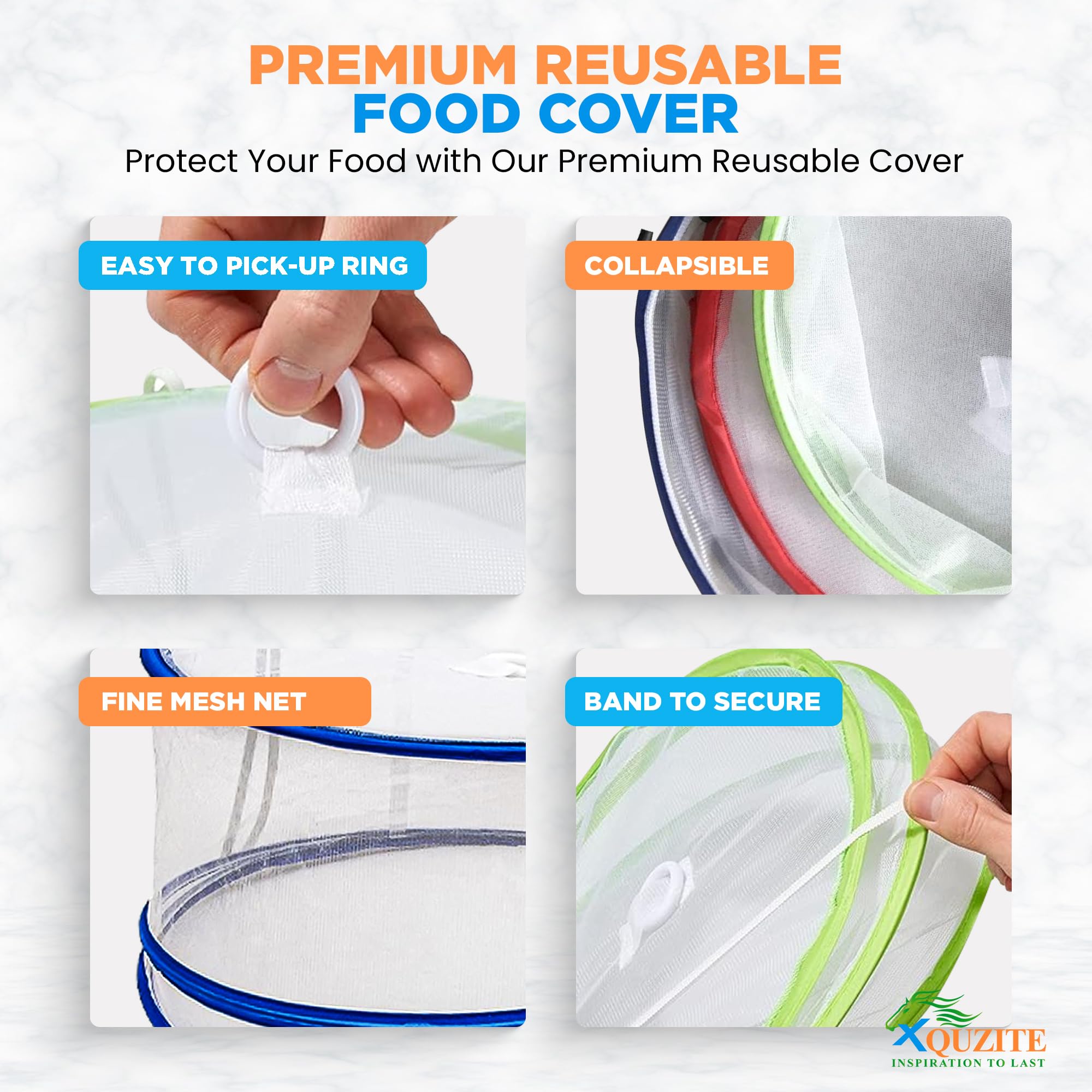 XQUZITE Pop Up Mesh Food Covers - Collapsible Pop Up Food Cover Set for Camping, Picnic and Outdoors - Complete with Plastic Food Cover Wraps