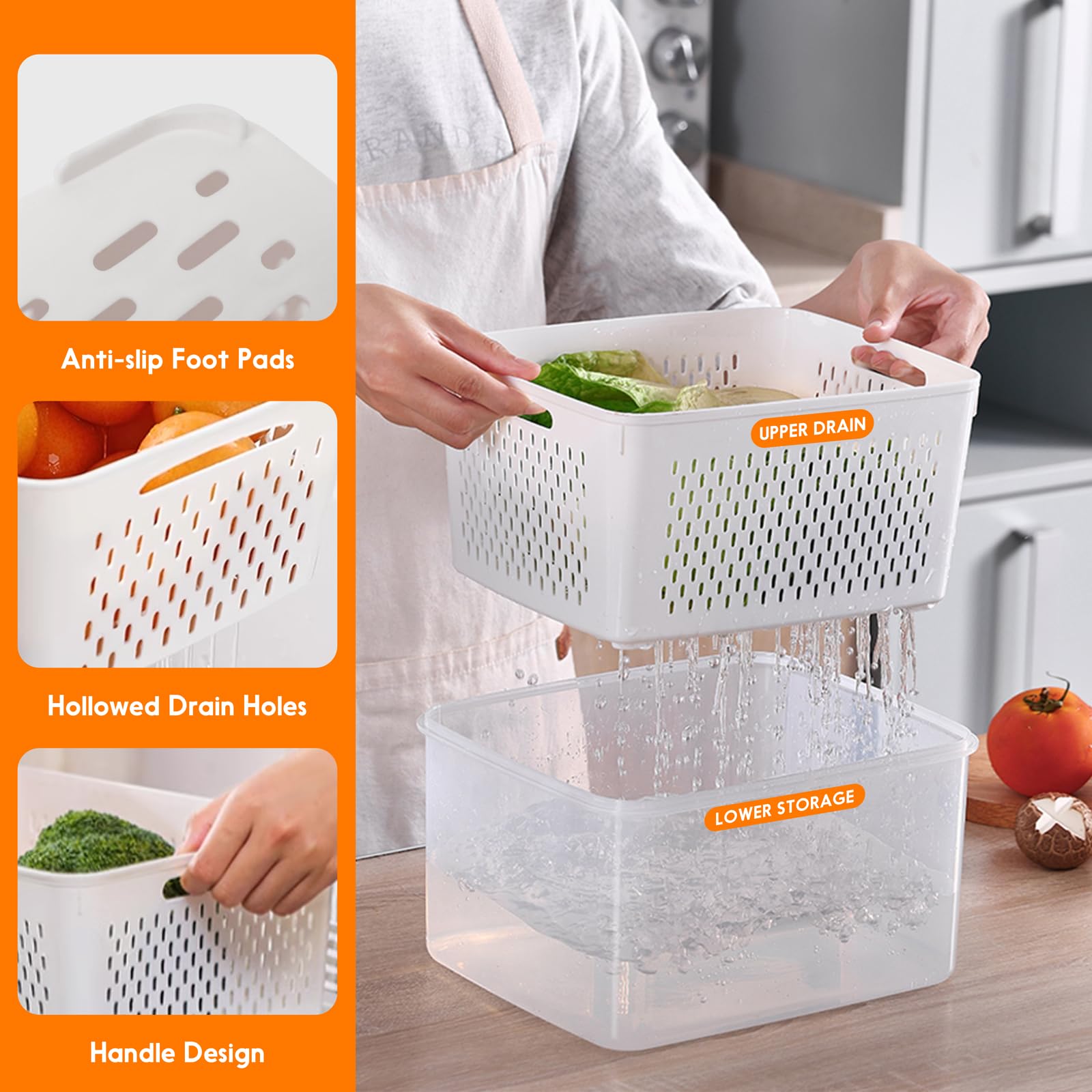 GSAFEME 4 PCS Large Fruit Containers for Fridge with Handle - Leakproof Food Storage Containers with Removable Colander for Salad Berry Lettuce Vegetables Meat Keeper