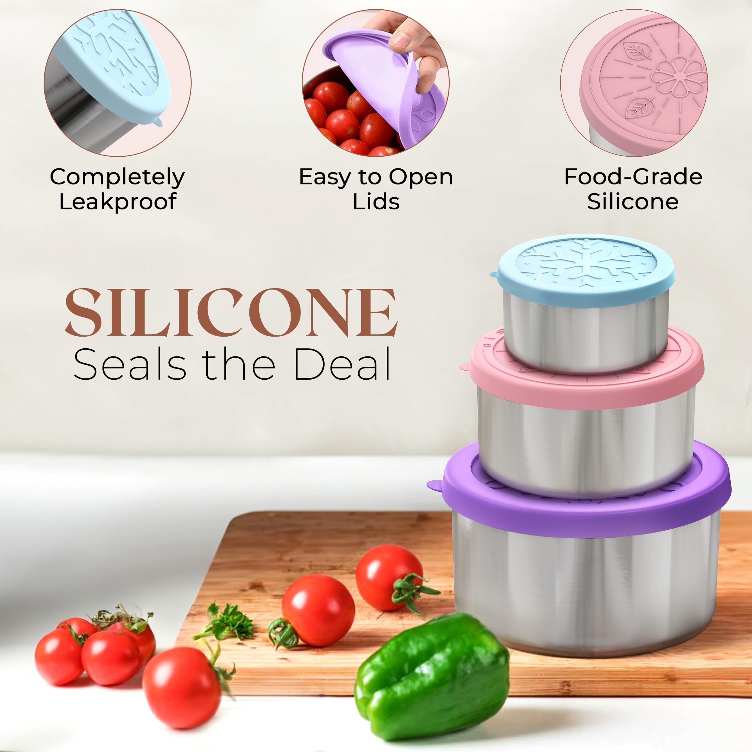 Stainless Steel Containers with Lids Set of 3 Food Grade Stainless Steel Food Containers with Silicone Lids